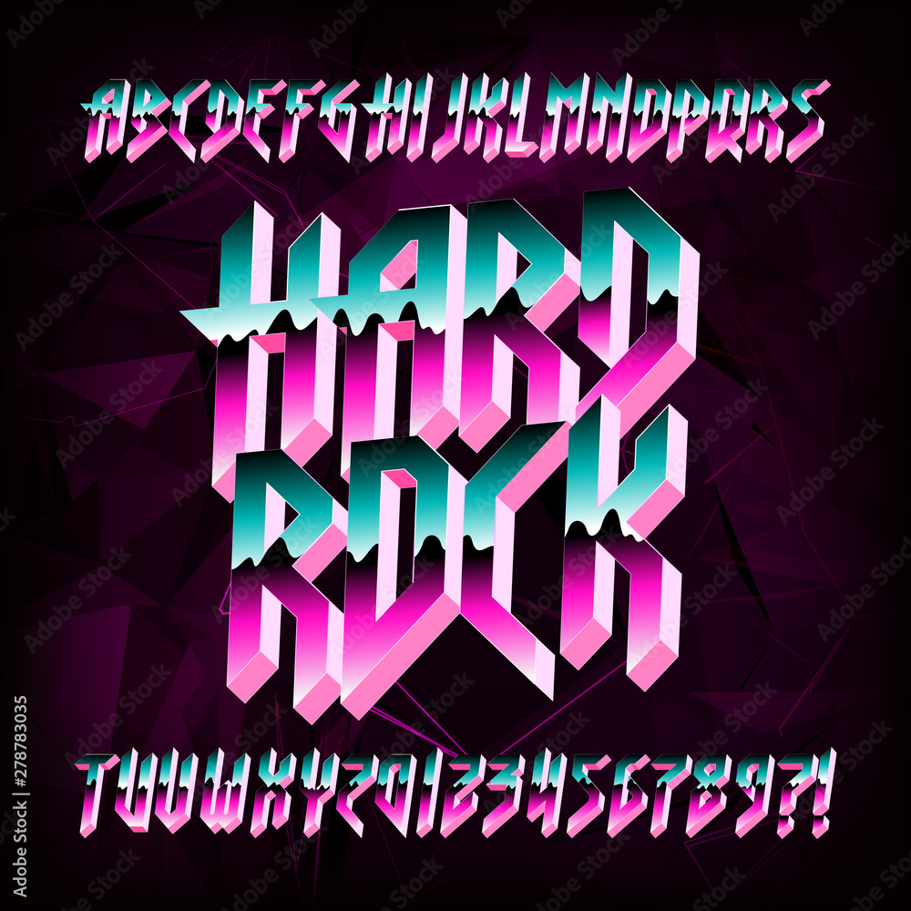 3D Hard Rock alphabet font. Metal effect shiny letters and numbers in ...