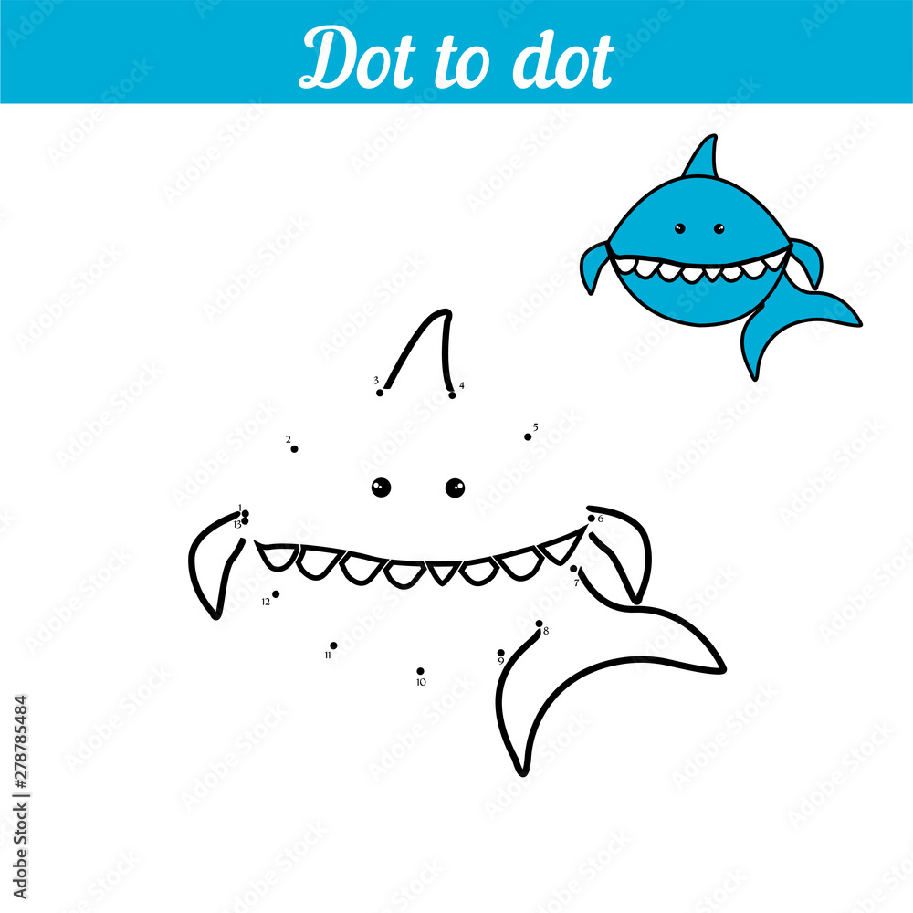 Shark. Coloring - game by numbers. Connect the dots. Educational card ...