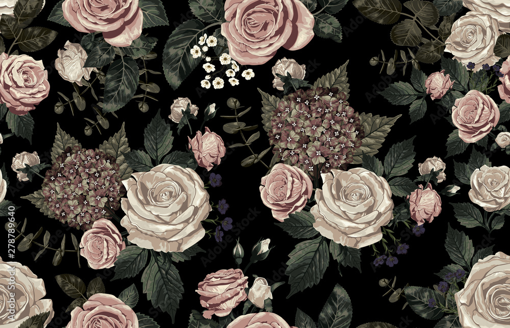 Elegant pattern of blush toned rustic flowers isolated in a solid ...