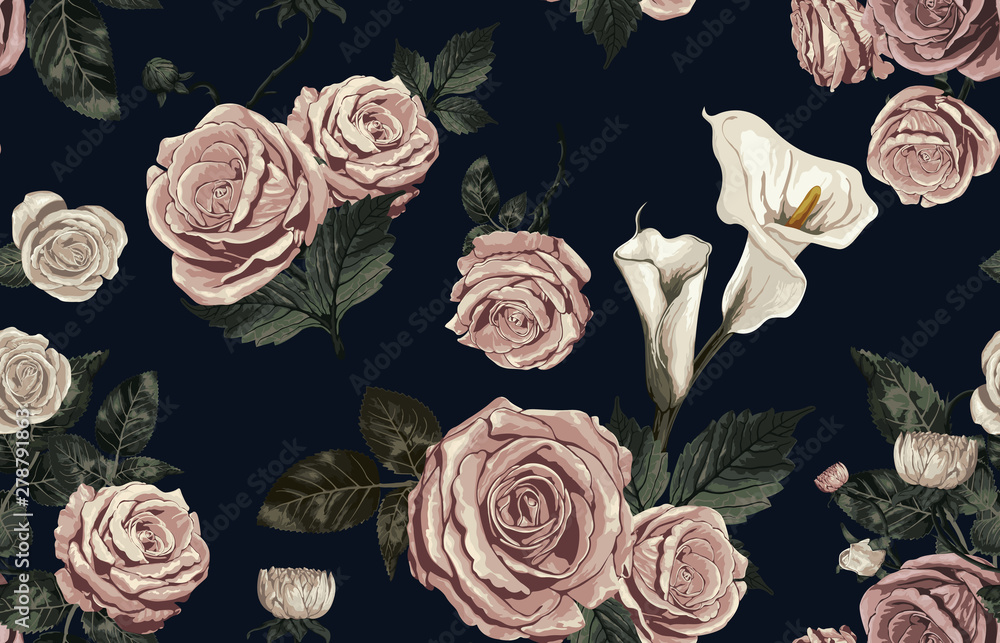 Elegant pattern of blush toned rustic flowers isolated in a solid ...