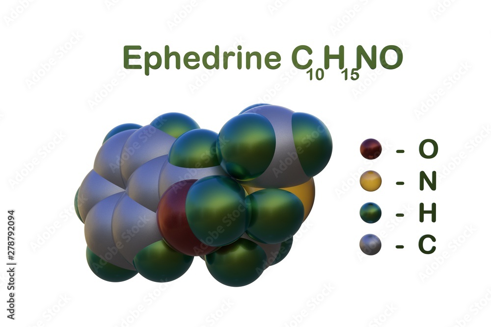Structural chemical formula and molecular model of ephedrine. Ephedrine ...