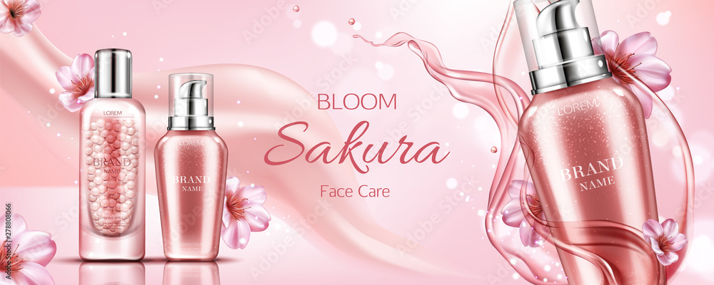 Sakura cosmetics bottles mockup banner, serum and primer with pearl ...