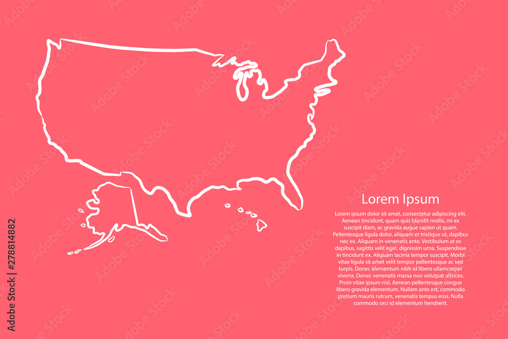 United States of America map from the contour pink coral color brush ...