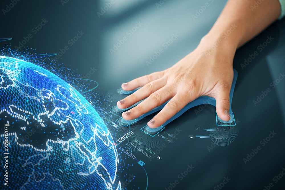 future technology, network and identification concept - hand using ...