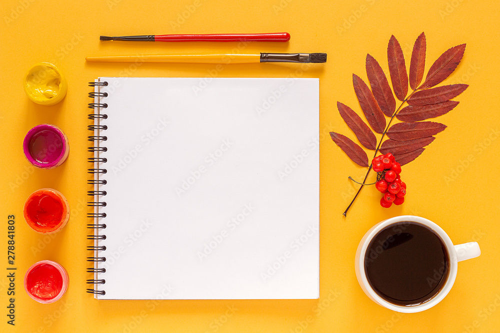 Bright autumn composition. Blank open scrapbook, colored leaves ...