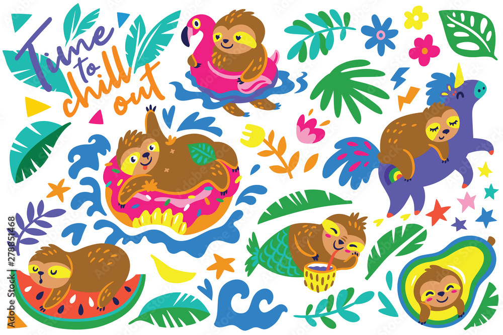 Vetor de Time to chill out. Vector cartoon set with sloths characters ...
