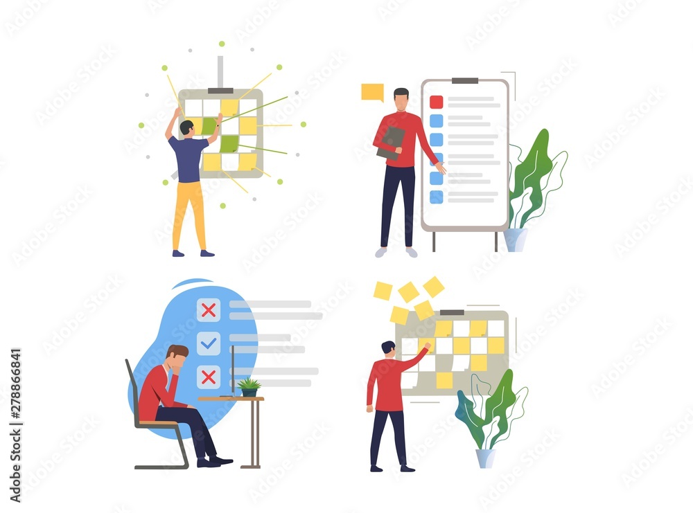 Set of people setting objectives. Group of men creating to-do lists ...