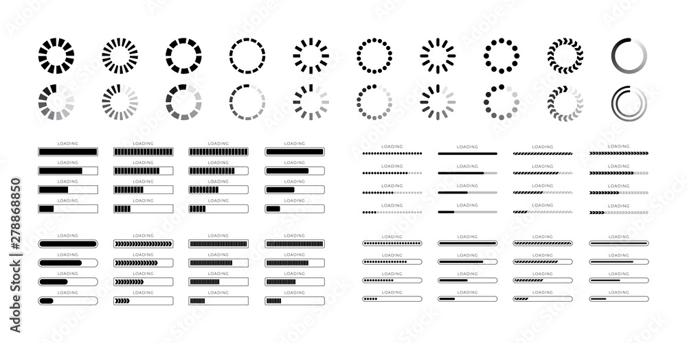Set loading bar progress icons isolated on white background Stock ...