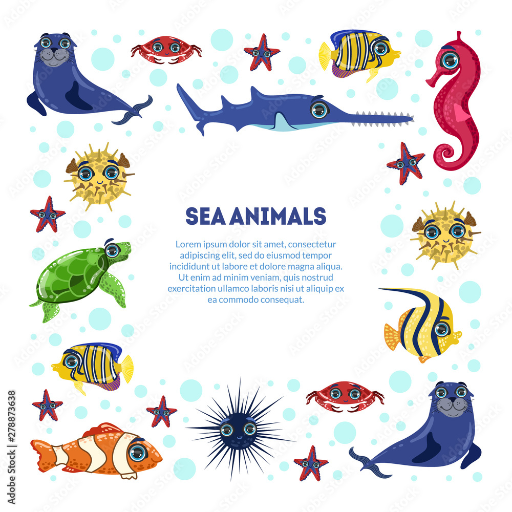 Sea Animals Banner Template with Place for Text, Cute Underwater Marine ...