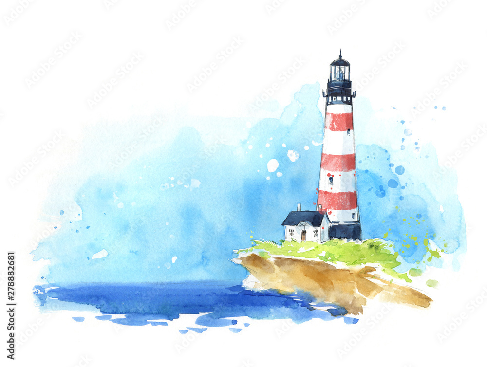 Watercolour sketch of a lighthouse at the seaside, seascape Stock ...