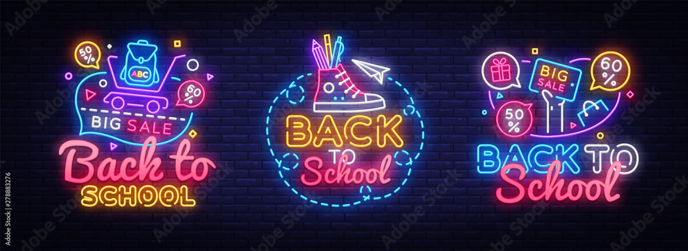 Big collectin neon signs for Back to School. Neon Banner Vector. Back ...