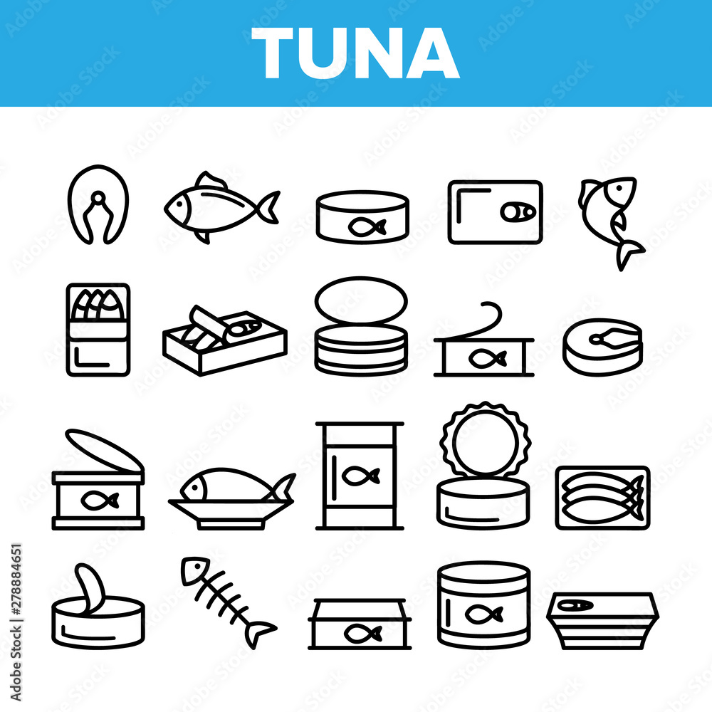 Tuna, Fish Products Vector Linear Icons Set. Raw, Cooked And Canned ...