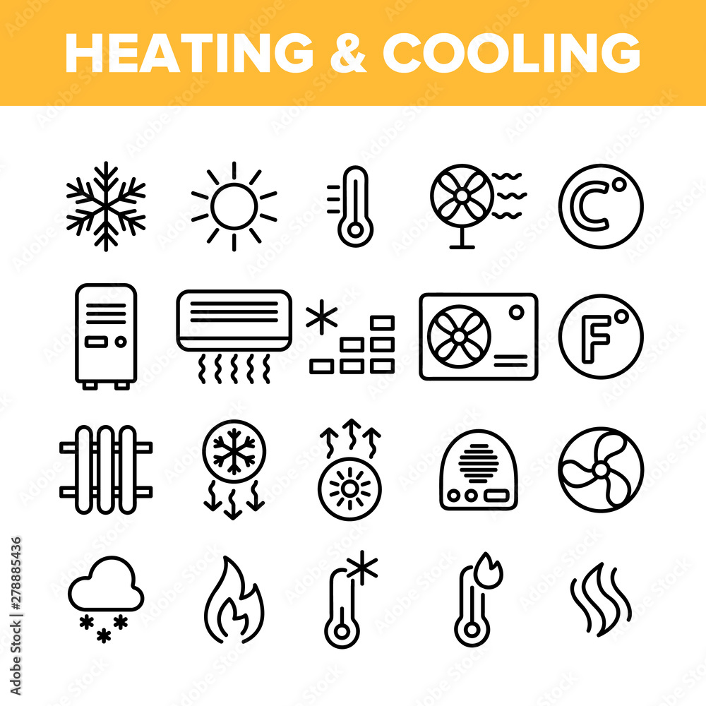 Heating And Cooling System Vector Linear Icons Set. Heating And Cooling ...