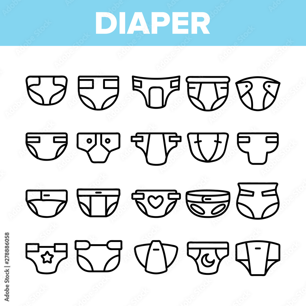 Baby Absorbent Diapers Vector Linear Icons Set. Newborn Diaper ...