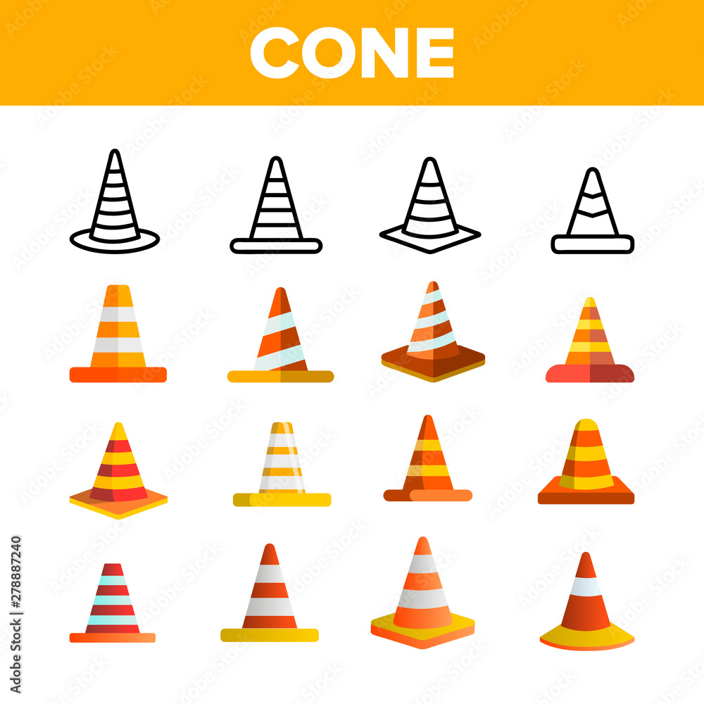 Traffic Orange Cones Vector Color Icons Set. Road Safety Plastic Cones ...