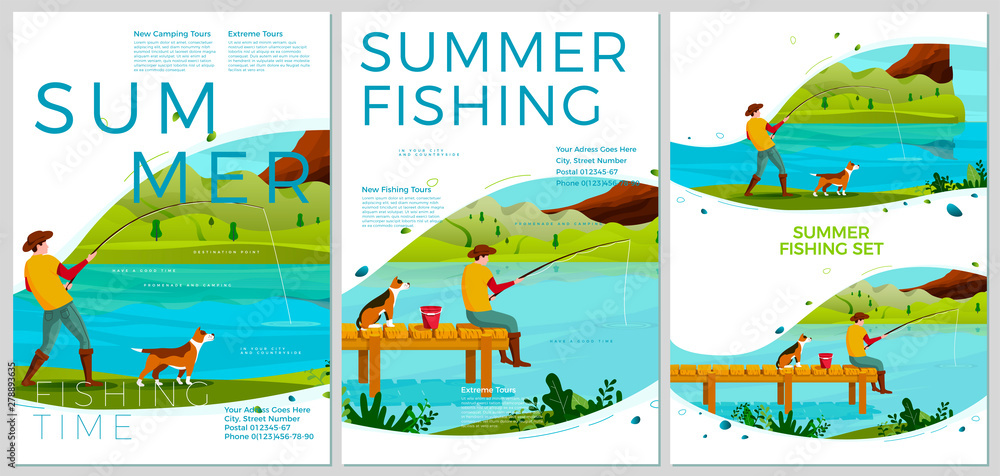 Vector summer fishing posters set - man with dog on river. Forests ...