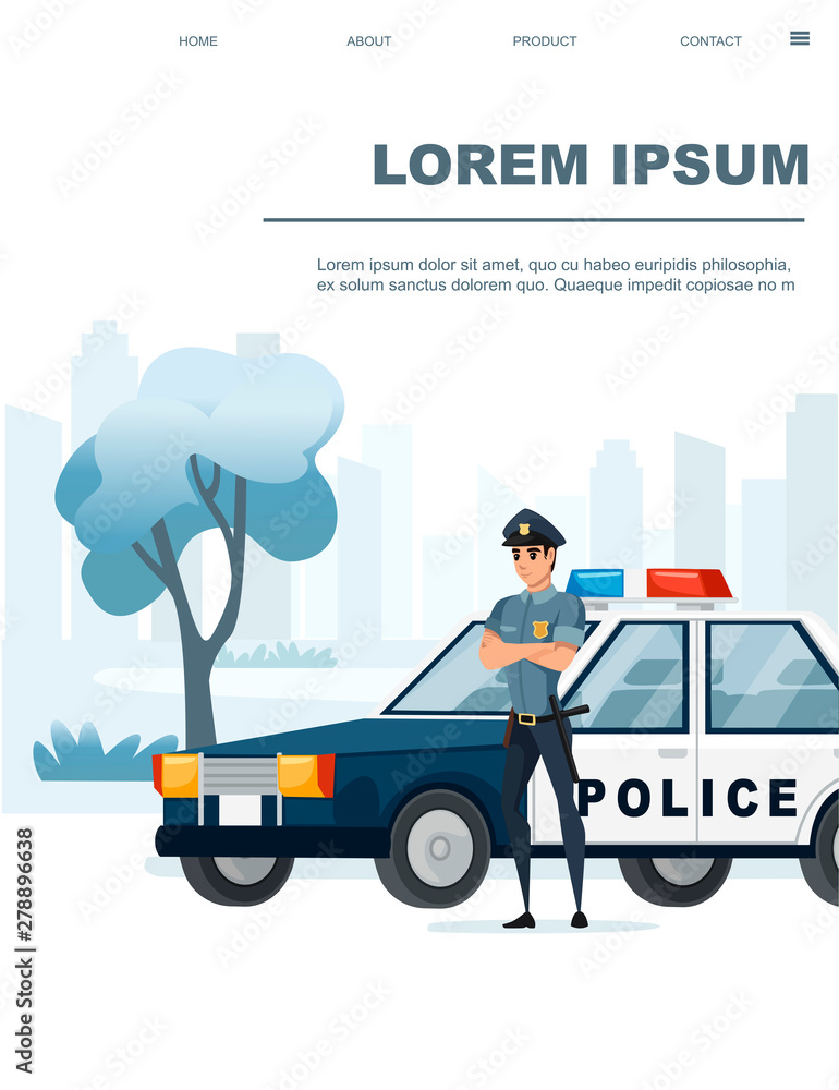 Cartoon design police car and police officer stay on parkland flat ...