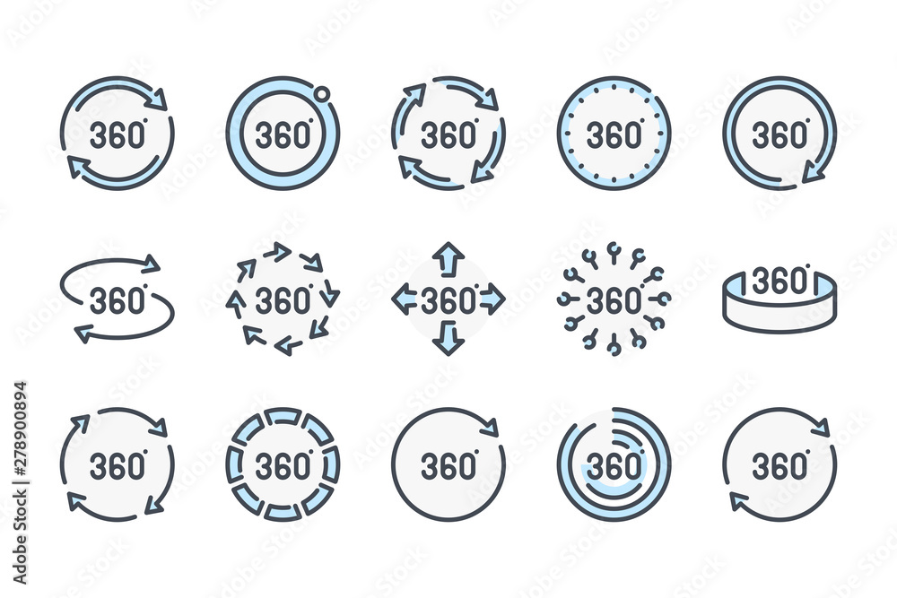 360 degree related color line icon set. 360 view colorful linear icons ...