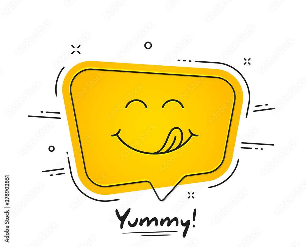 Yummy smile emoticon with tongue lick mouth. Tasty food eating emoji ...