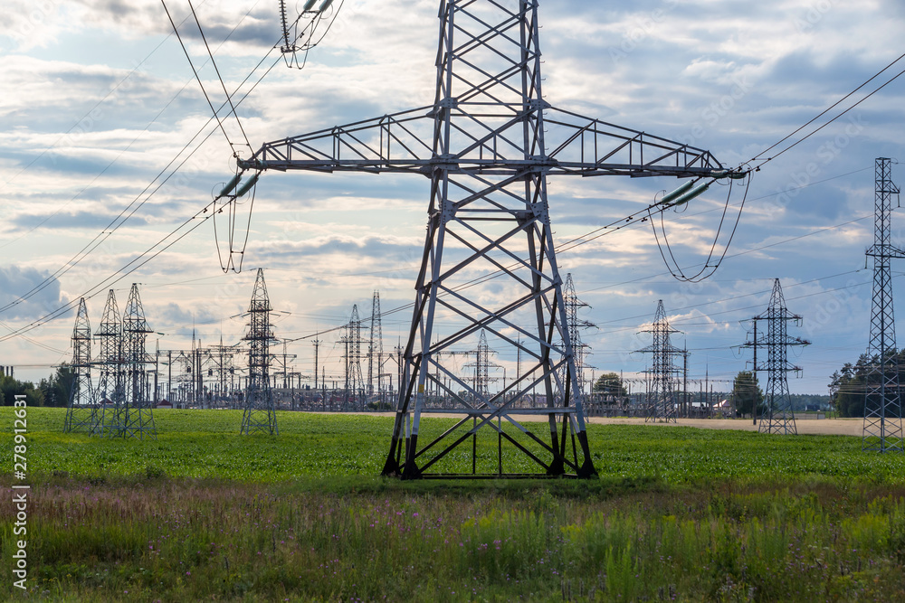 Group silhouette of transmission towers power tower, electricity pylon ...