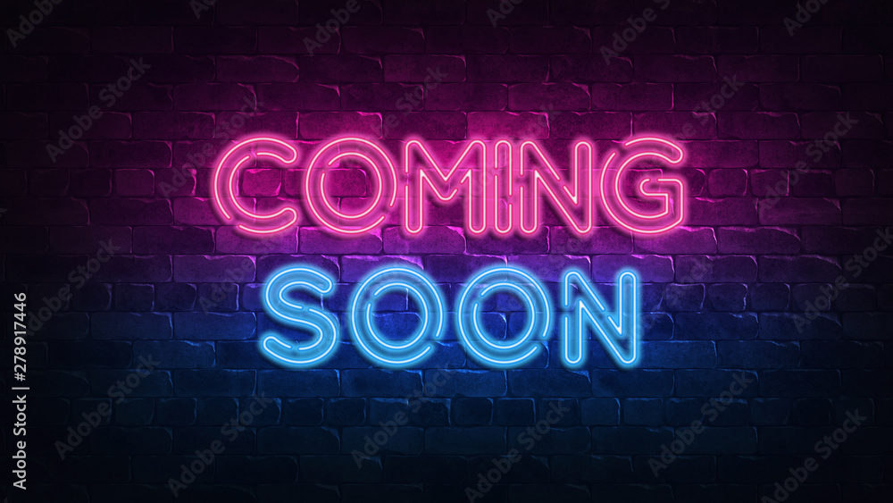 Coming Soon neon sign. purple and blue glow. neon text. Brick wall lit ...