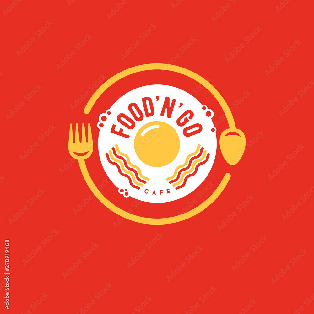 Food and Go bistro logo. Street food emblem. Fork, spoon and fried eggs ...