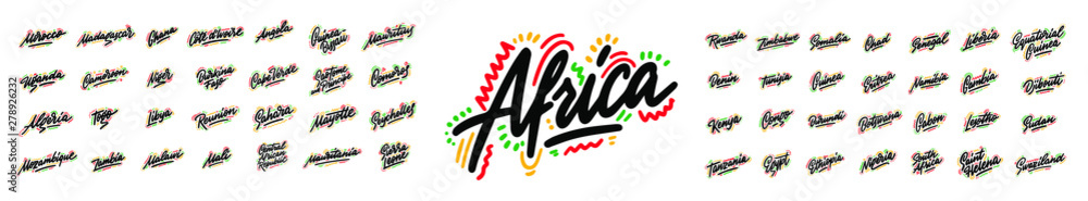 Set of typography African countries. Handwritten design modern brush ...