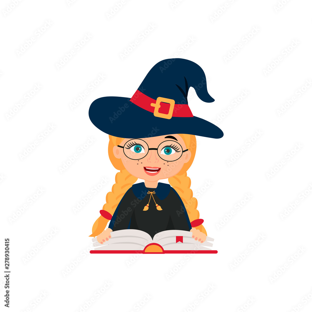 Cute little child dressed in costume witch. Halloween cartoon vector ...