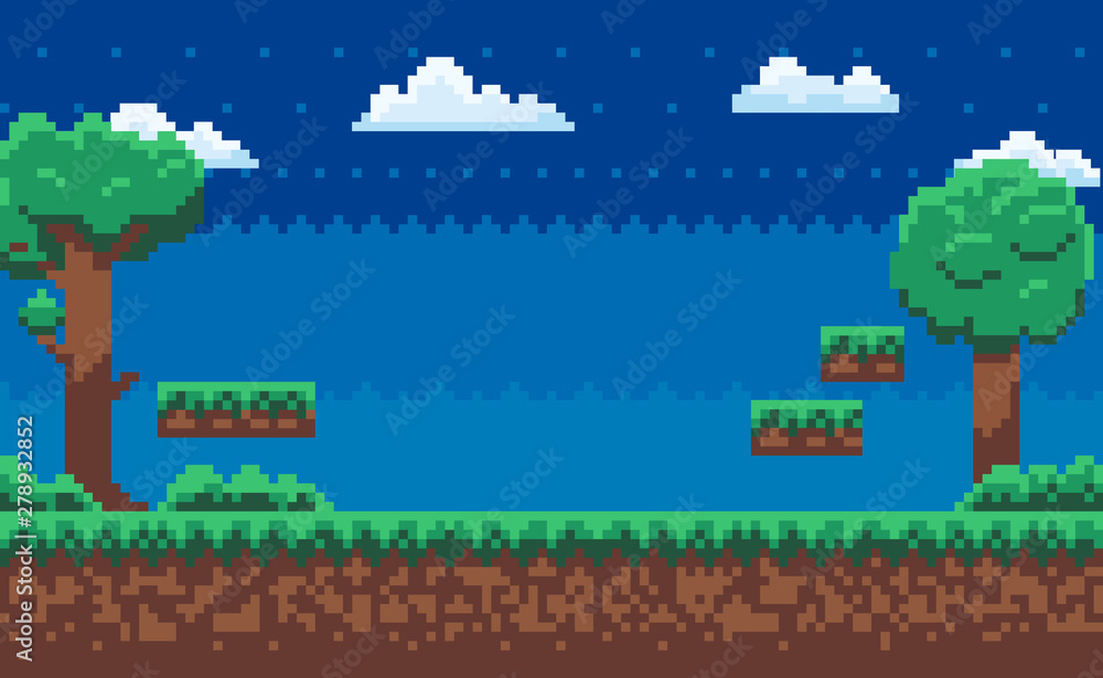 Landscape page of pixel game, green trees and bushes, cloudy sky ...