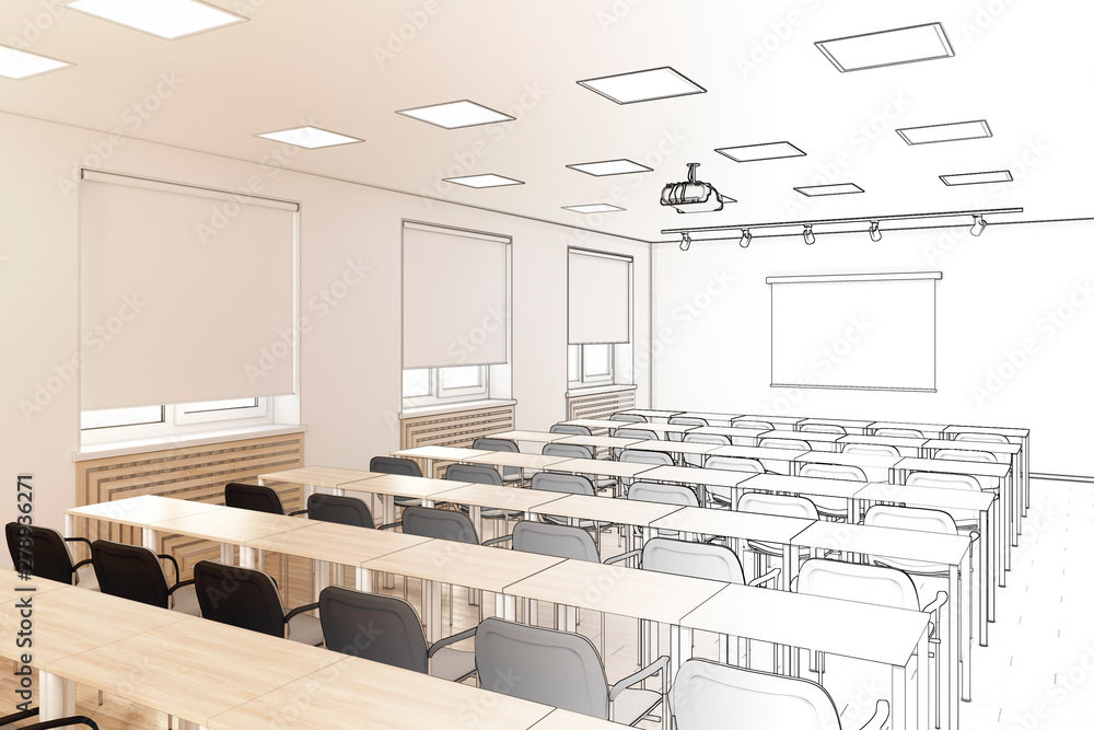 3d illustration. Sketch of the conference hall became a real interior ...