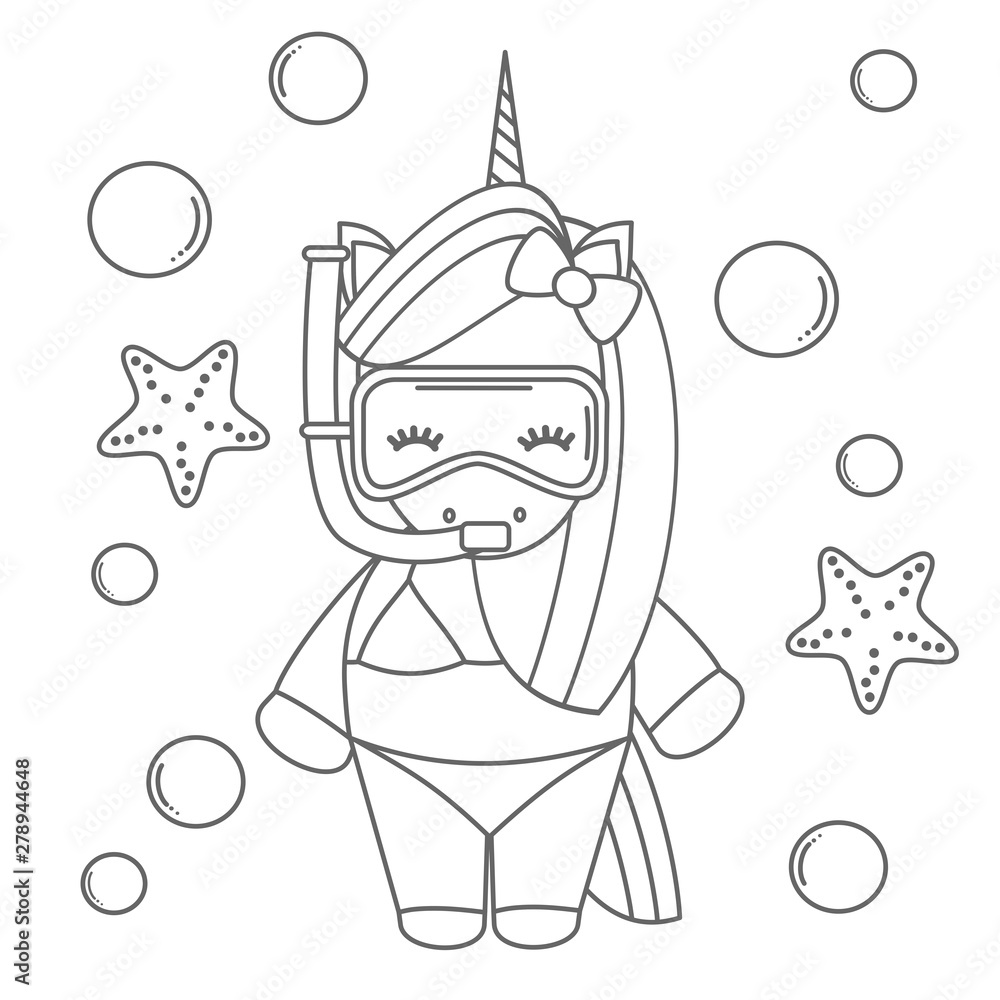 cute cartoon lovely black and white summer unicorn snorkeling with ...
