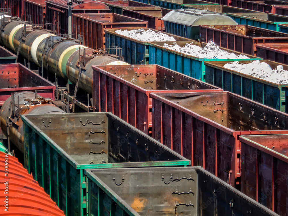 Freight wagons on railway station. Cargo terminal. Industrial ...