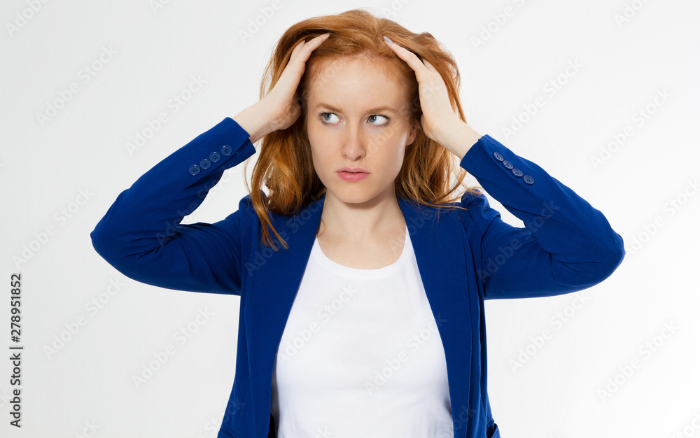 Cute, young beautiful red hair woman do facepalm. Redhead suffer girl ...