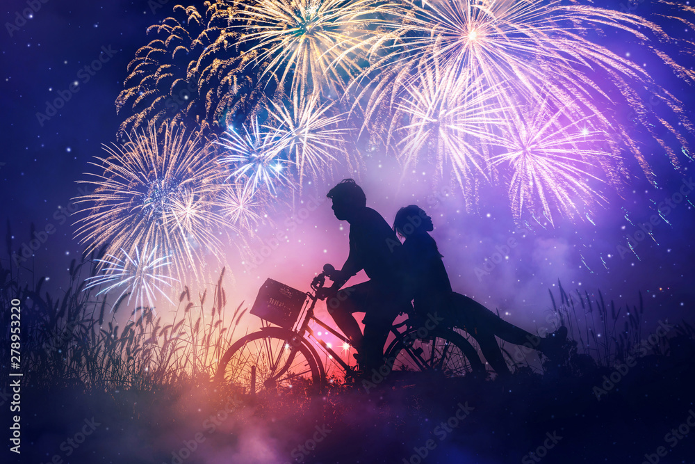 Romantic couple in love with their bicycle and fireworks. Stock Photo ...
