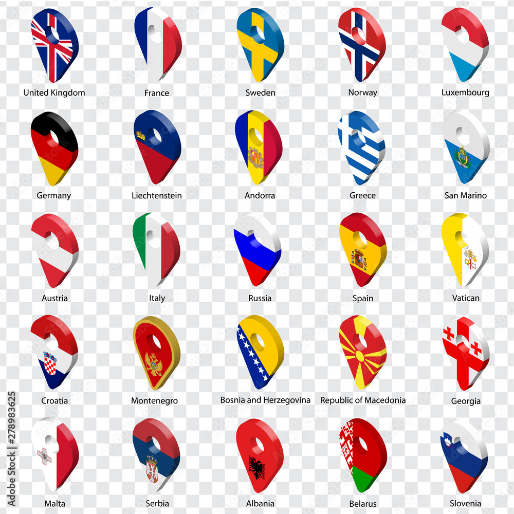 3D geolocation signs of twenty five European countries with inscriptions. Set of twenty five 3d ...