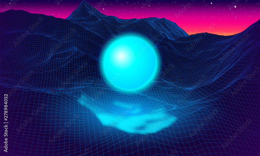 Landscape with wireframe grid of 80s styled retro computer game with ...