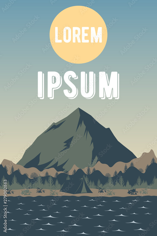 Poster template for a trip to the lake. Natural scenery with river ...