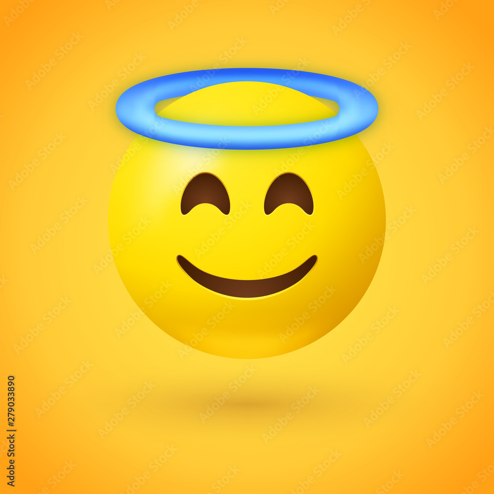 Angel emoji with smiling eyes, closed smile and blue halo overhead ...