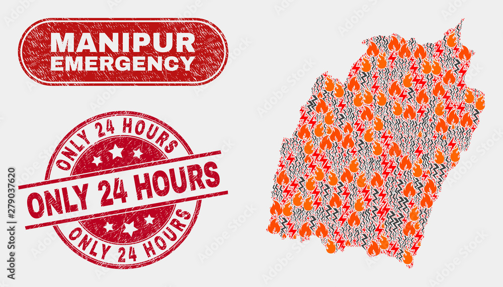 Vector composition of hazard Manipur State map and red rounded textured ...