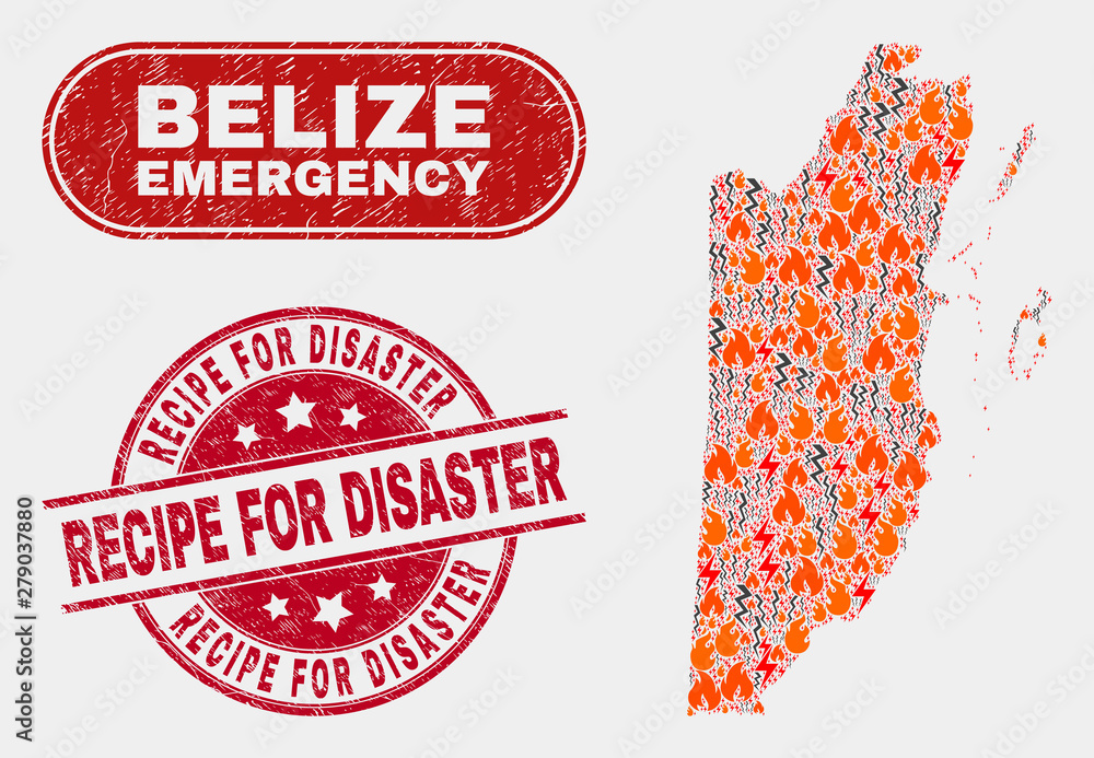 Vector composition of hazard Belize map and red round grunge Recipe for ...