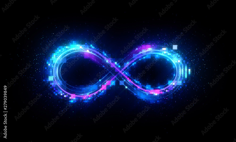 Lighting 3d infinity symbol. Beautiful glowing signs..Sparkling rings ...