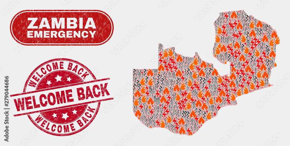 Vector collage of wildfire Zambia map and red rounded grunge Welcome ...