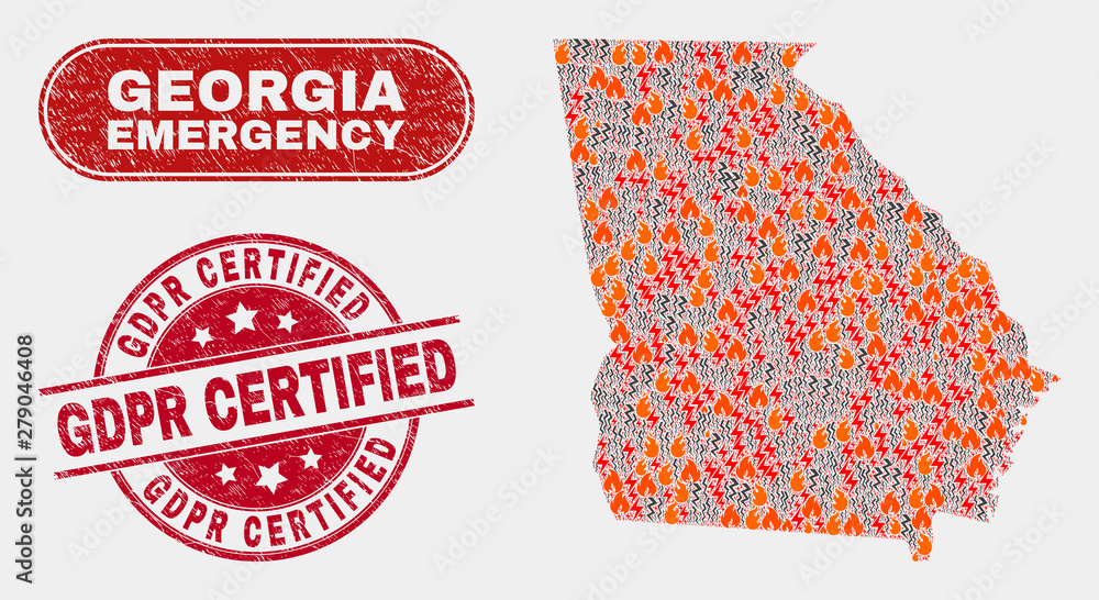 Vector collage of danger Georgia State map and red rounded scratched ...