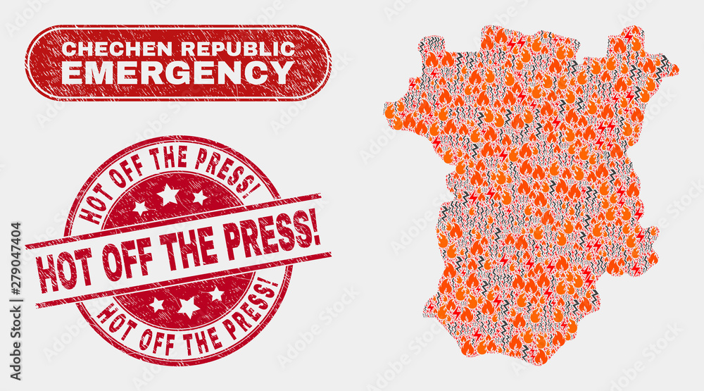 Vector collage of disaster Chechen Republic map and red round scratched ...