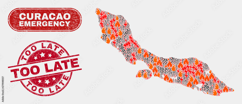 Vector collage of hazard Curacao Island map and red rounded textured ...