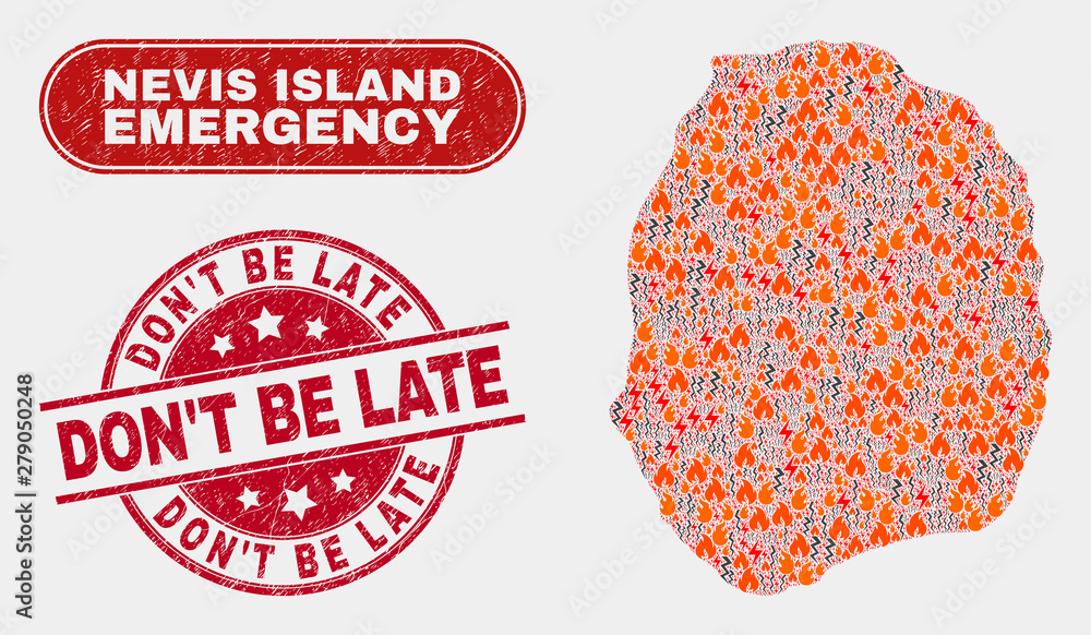 Vector collage of hazard Nevis Island map and red round scratched Don'T ...