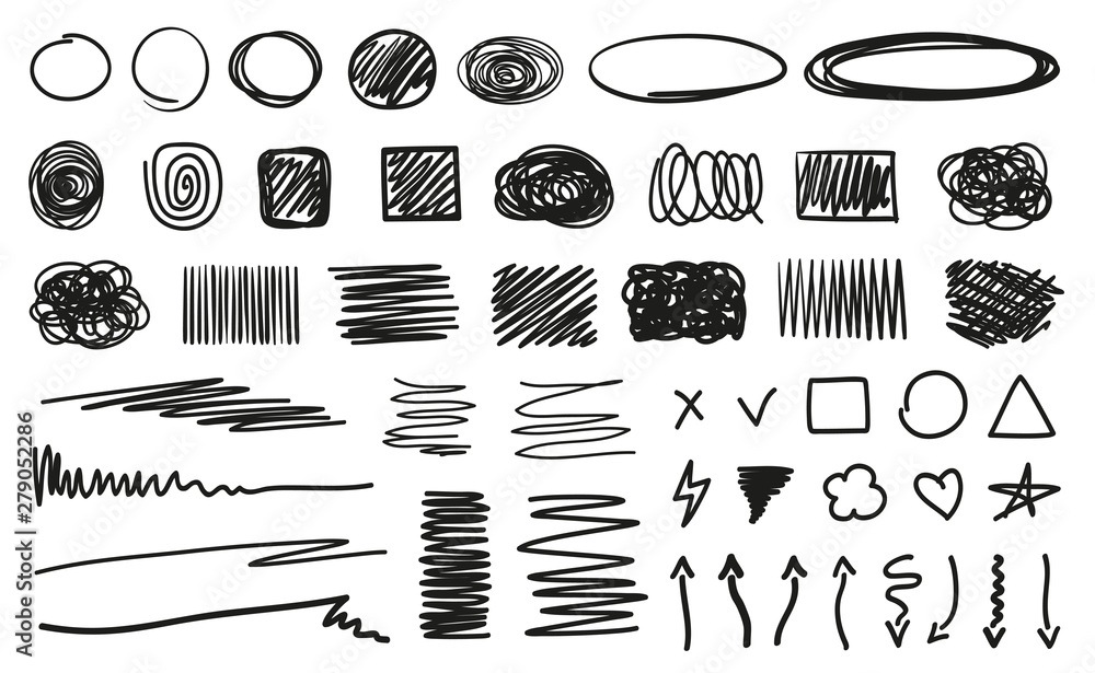 Hand drawn hatching shapes on isolated white background. Geometric ...