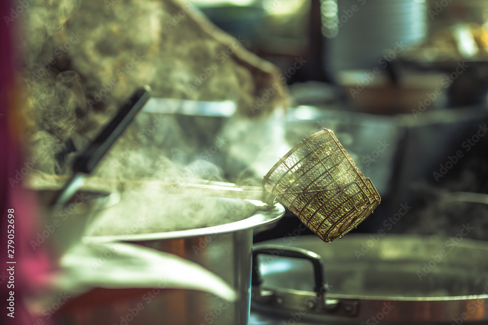 Blurred wallpaper of smoke from boiling water,seasoning(noodles) with ...