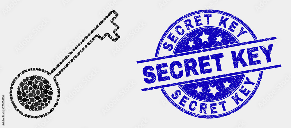 Pixelated key mosaic icon and Secret Key stamp. Blue vector rounded ...