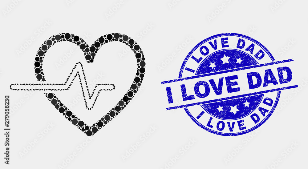 Dotted heart pulse mosaic pictogram and I Love Dad watermark. Blue ...